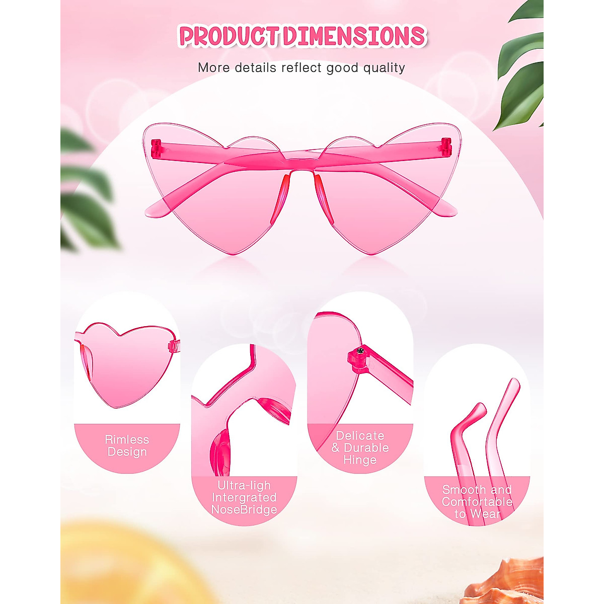 Chicpop Heart Shape Sunglasses Rimless Heart Sunglasses Colorful Heart Glasses for Valentine Mardi Gras Women Party Favor