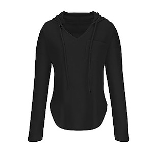 Womens Hooded Sweatshirts Waffle-Knit Loose Casual V Neck Long Sleeve Hoodies Drawstring Pullover Tops with Pocket