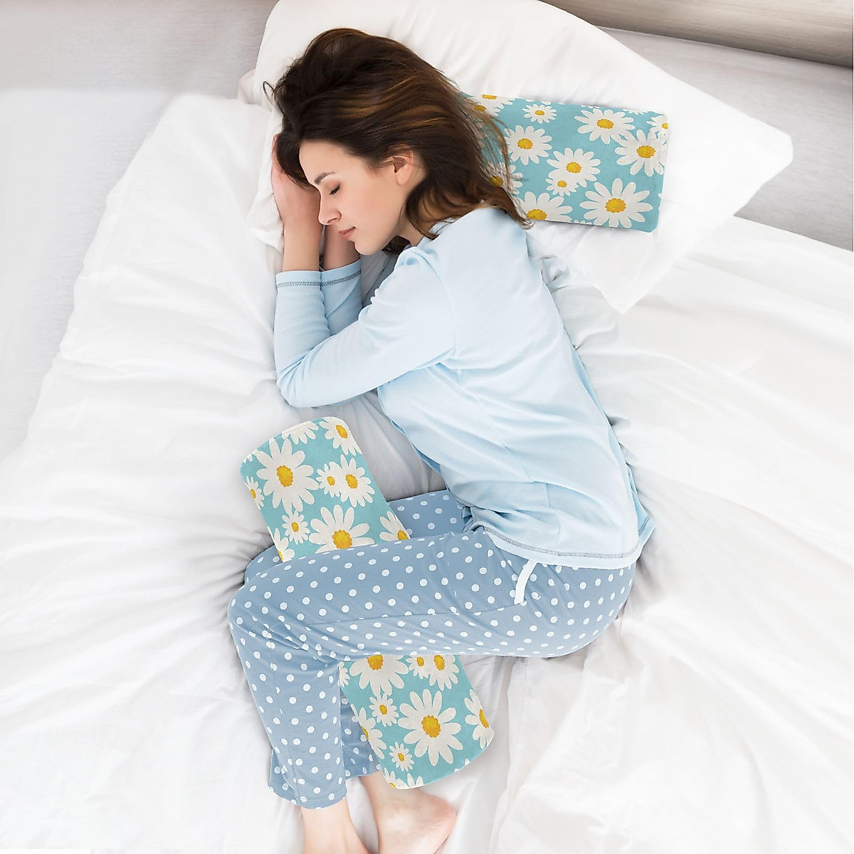 xigua Blue Little Daisies Neck Roll Pillow for Neck Relief with Removable Washable Cover - Memory Foam Round Cylinder Bolster, Ergonomically Designed for Head, Neck, Back, and Legs