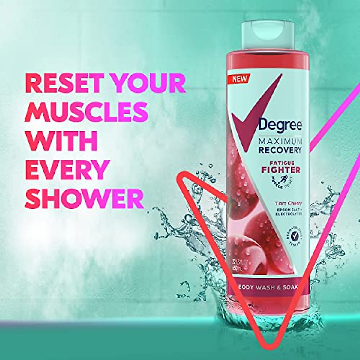 Degree Maximum Recovery Body Wash and Soak Post-Workout Recovery Skincare Routine Tart Cherry + Epsom Salt + Electrolytes Bath and Body Product 22 oz, Pack of 4