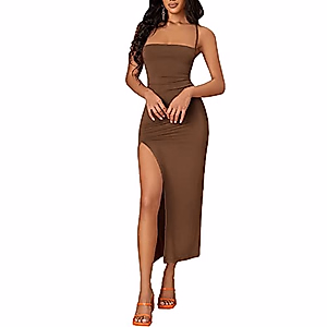 Verdusa Women's Lace Up Backless Strappy Sleeveless Split Long Cami Dress Coffee Brown S