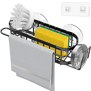 Cisily Kitchen Sink Caddy Sponge Holder in The Sink, Stainless Steel Kitchen Sink Organizer, Brush Holder, Dish Cloth Hanger, Sink Stopper Holder with 2 Installation Ways (Suction & Adhesives