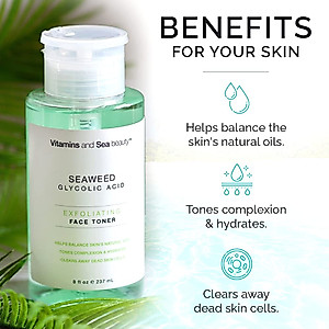 Vitamins and Sea Beauty, Exfoliating Face Toner with Glycolic Acid and Seaweed, Oil Control Facial PH Balancing Dead Skin Pore Minimizer, All Skin Types, 8 Fl Oz