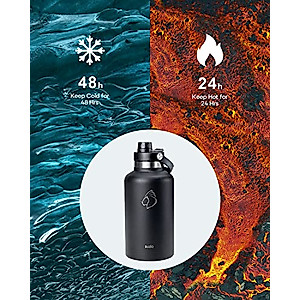 BUZIO 64oz Insulated Water Bottle with Straw Spout Lid, Half Gallon Double Wall Vacuum Stainless Steel Food-Grade Water Jug with Carrying Sleeve, Wide Mouth Leak Proof Water Flask, Keep Cold Hot