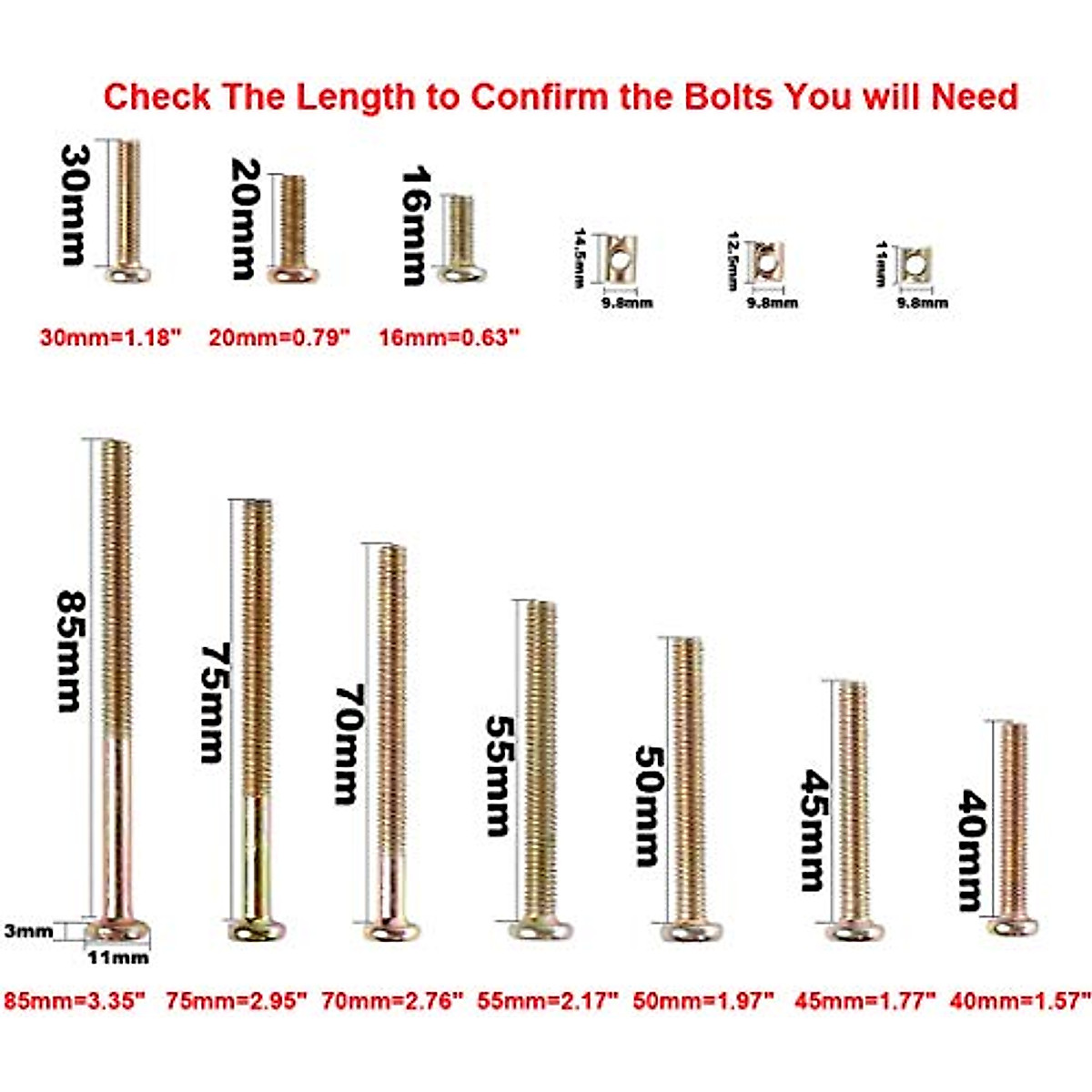 Crib Screws and Bolts Replacement Hardware Kit - Baby Bed Screws 85mm 75mm 70mm 55mm 50mm 45mm 40mm 30mm 20mm 16mm M6 Replacement Bolts Barrel Nuts for Baby Toddler Bed Crib Furniture