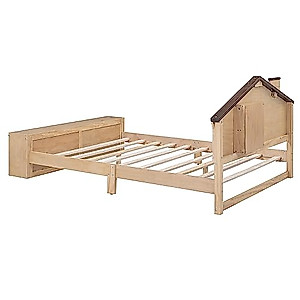 FAVSH Full Size House Platform Bed with LED Lights and Storage,Wood Kids Bed Frame w/House-Shaped Headboard and Slats Support, No Box Spring Needed,Natural