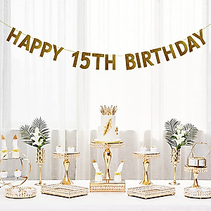 HAPPY 15TH BIRTHDAY Banner，Pre-strung，No Assembly Required，15th Birthday Party Decorations Supplies，Gold Glitter Paper Garlands Backdrops, Letters Gold Betteryanzi