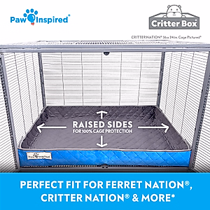 Paw Inspired Critter Box Washable Cage Liner, Reversible Fleece Bedding with Raised Sides for Ferrets, Guinea Pigs, Rats, Chinchillas, and Other Small Animals (Critter Nation/Ferret Nation, Gray/Blue)