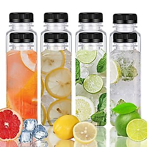 Jaojaopn 10 oz plastic bottles with caps, juice containers with lids for fridge reusable, juice bottles for juicing smoothie milk ginger shots. 8 Pcs