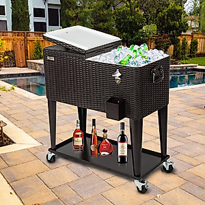 VINGLI 80 Quart Rolling Ice Chest, Portable Patio Party Bar Drink Cooler Cart, with Shelf, Beverage Pool with Bottle Opener (Brown)