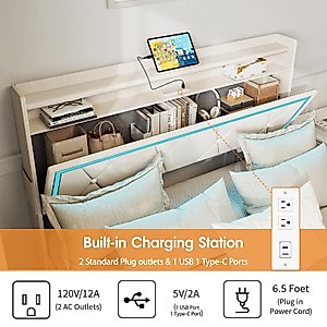 Full Size Bed Frame with Storage Headboard and 4 Drawers, Platform Bed Frame with Charging Station & RGB Lights, Noise-Free, Heavy Duty Wood Slats, No Box Spring Needed, Noise-Free