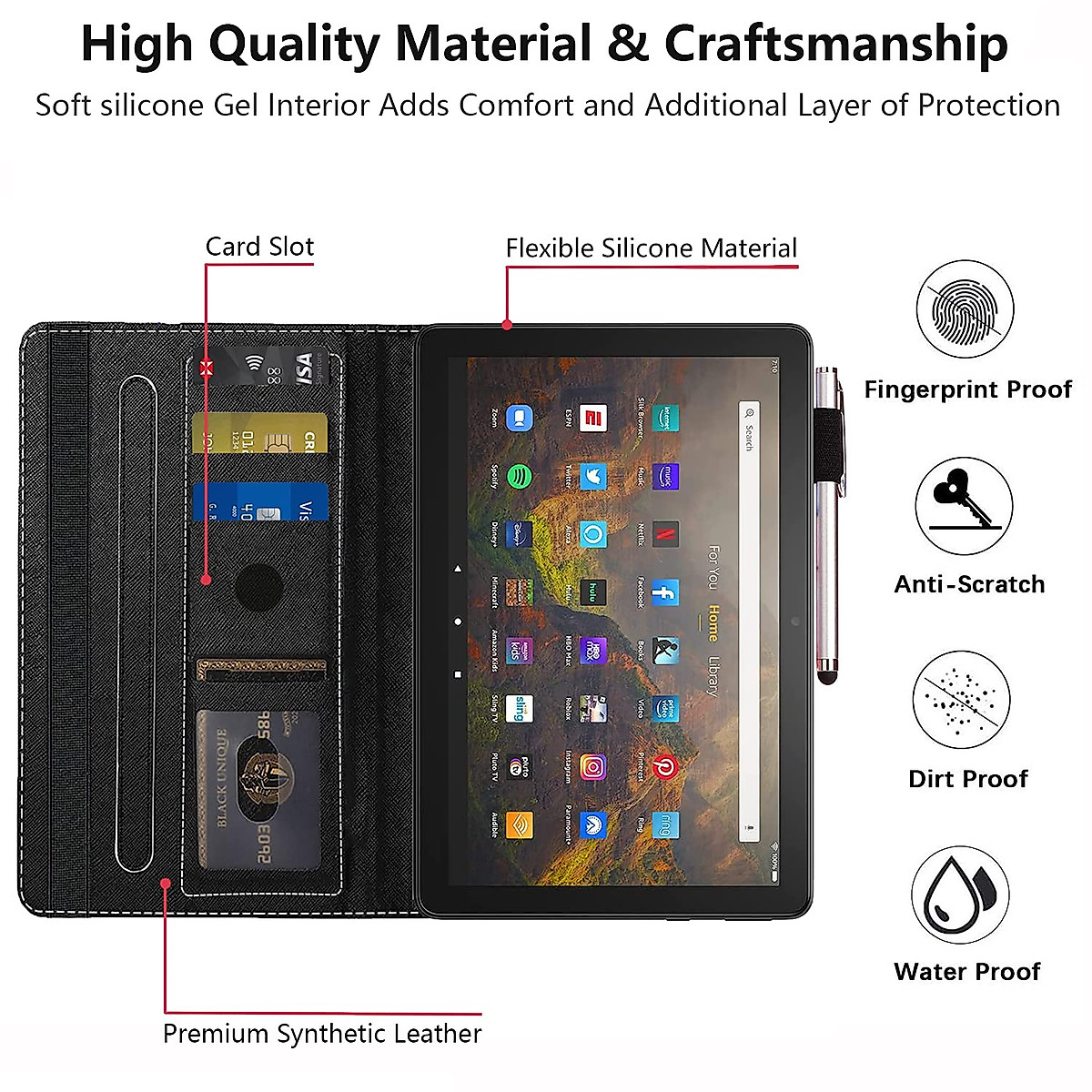 Case for All-New Amazon Fire HD 8 Tablet and Fire HD 8 Plus Tablet (10th Generation, 2020 Release) Leather Smart Cover with Pocket and Auto Wake/Sleep, Rainbow Woodgrain Black and Purple Dog Paw