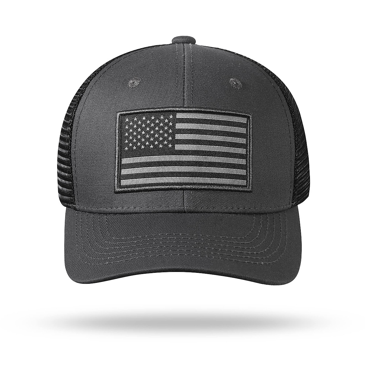 SIBOSHA American Flag Trucker Hat - Baseball Cap for Men & Women, Breathable Mesh, Adjustable Snapback Closure Dark Gray/Black
