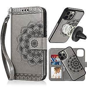 CASEOWL Wallet Case Compatible for iPhone 12 Pro Max,Magnetic Detachable Case Fit Magnetic Car Mount,Card Solts Holder, Embossed Mandala Pattern Flower Floral Leather Flip Wallet Case[Gray]