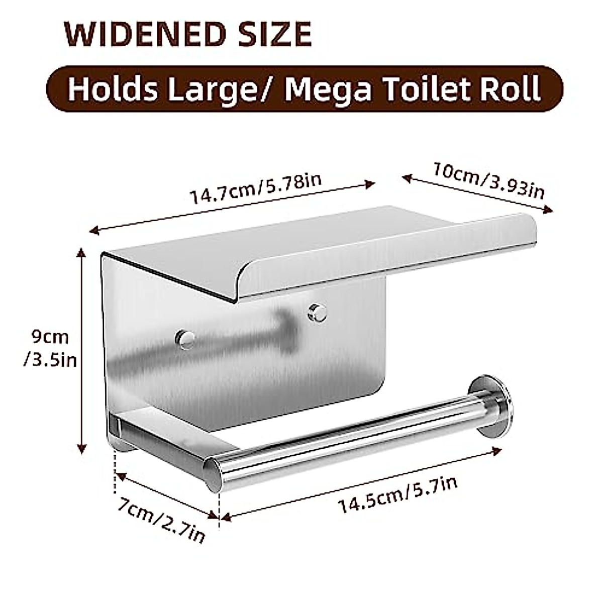 Adhesive Toilet Paper Holder with Phone Shelf, Wall Mounted Toilet Paper Roll Holder, Rustproof Bathroom Tissue Roll Holder with Shelf, Sticky Toilet Paper Roll Holder- Silver