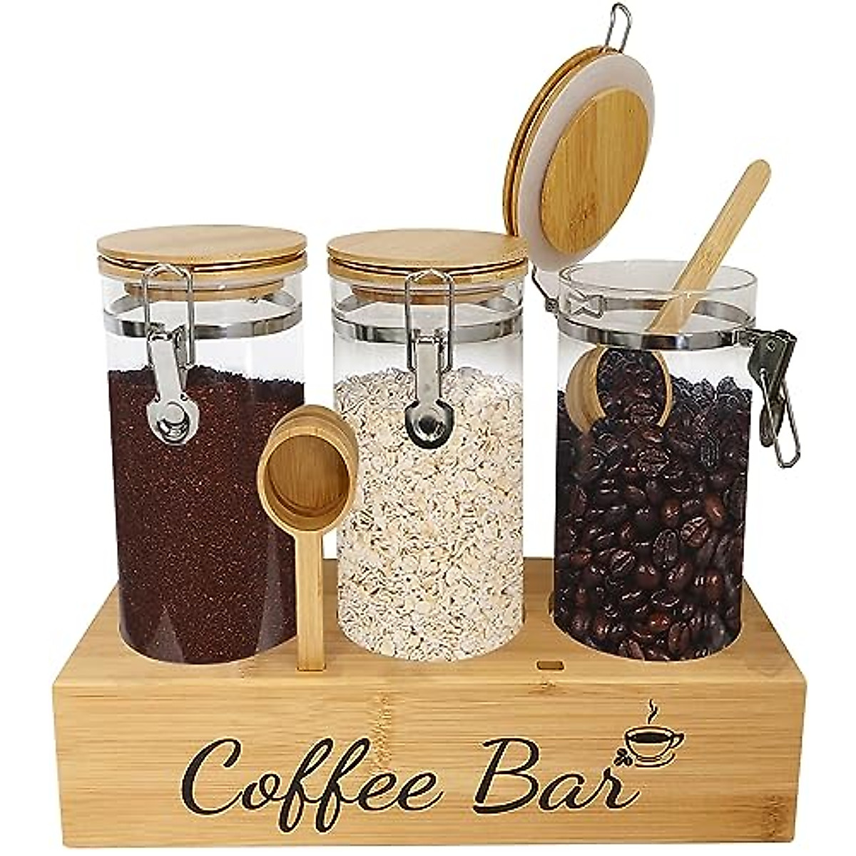 Zrwcvxy Glass Coffee Jar with Shelf,Glass Coffee Canisters with Bamboo Lid and Spoon,3 * 59 OZ Ground Coffee Storage,with Airtight Clip Coffee Bean Canister for Coffee Beans,Ground Coffee,Nuts,Sugar