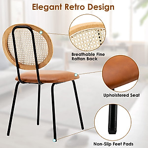 Soohow Faux Leather Indoor Kitchen Set of 2 with Rattan Backrest Modern Industrial Upholstered mid Century Metal Chair Set of 4 Suitable for Dining Room, 2 pcs, Whiskey Brown