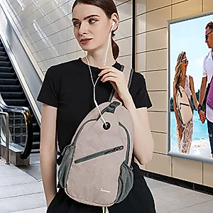 Fancosni Sling Bags for Women Men, Crossbody Sling Backpack, Chest Bag Lightweight Shoulder Bag, Multipurpose Sling Bag for Travel, Hiking, Shopping, Walking, Biking, Cycling, Earphone Hole, Beige