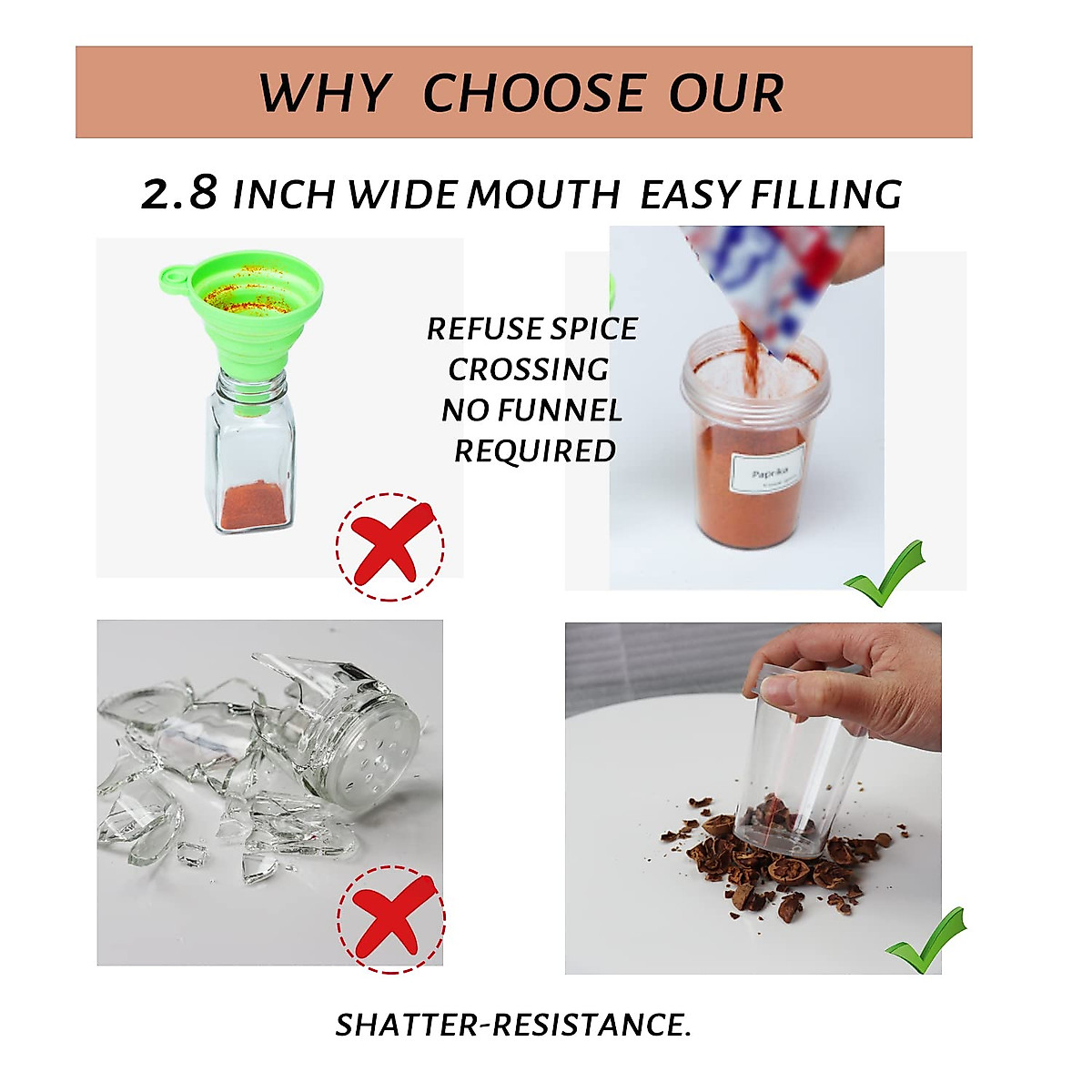 24 PCS Spice Jars storage containers,6 oz,heavy calibre Jars NOT NEED Collapsible Funnel, with Lids Spice Labels Stickers,PETG materials (black)