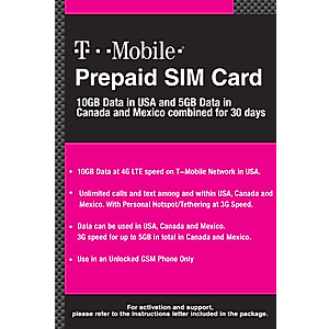 Canada, Mexico and USA Prepaid SIM Card T-Mobile 10GB 4G LTE Data in USA and 5GB Data in Canada and Mexico with Unlimited Talk and Text Among and Within Canada, Mexico and USA for 30 Days