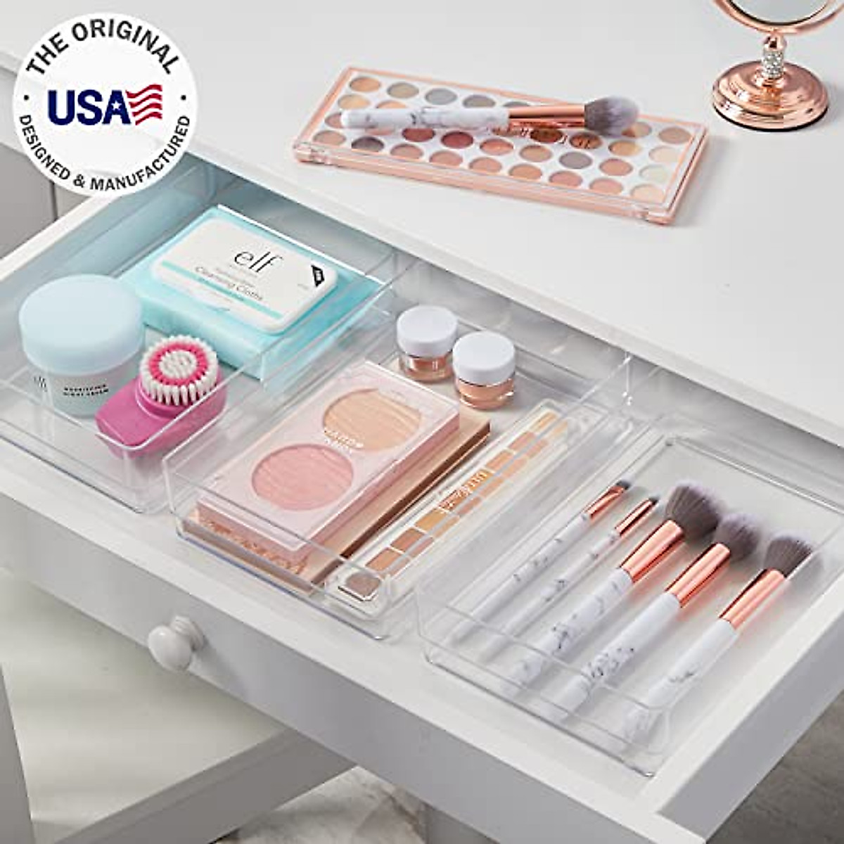 STORi SimpleSort 3-Piece Stackable Clear Drawer Organizer Set | 9" x 6" x 2" Rectangle Trays | Wide Makeup Vanity Storage Bins and Office Desk Drawer Dividers | Made in USA