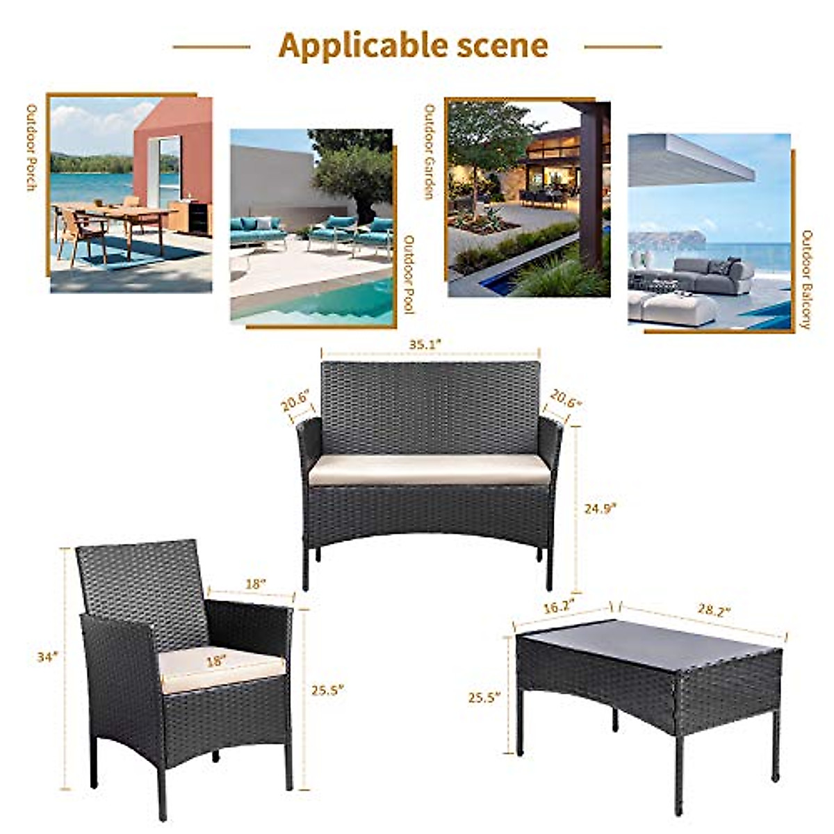 KaiMeng Patio Outdoor 4 Pieces Indoor Use Conversation Sets Rattan Wicker Chair with Table Backyard Lawn Porch Garden Poolside Balcony Furniture, Black