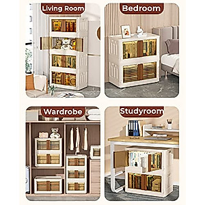 Extra Large Collapsible Storage Bins with Lids 3×19 Gallon, Pack of 3 Stackable Storage Boxes, Heavy Duty Hard Plastic Self-Lock Closet Organizers and Storage Bins (3 Pack, 57 Gal, Beige-Brown)