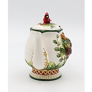Fine Ceramic Hand Painted Cardinal and Evergreen Pine Cone Design with Red Ribbon Handle Teapot, 8-1/8" L