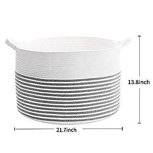 UBUL One Woven Cotton Rope Storage Basket(21.7X21.7X13.8Inch) With Handle, Blanket Basket, Shoes Basket, Toy storage, Pillow Basket, Round Basket, Towel Basket., Grey & White Stripes