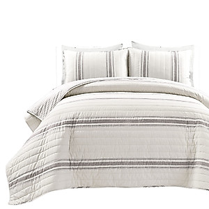 Lush Decor Farmhouse Stripe Reversible Cotton Quilt Set - 3 Piece Cozy Pinstripe Bedding Set - Classic Modern Rustic Charm Bedroom Decor - King/ California King, Blue