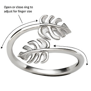 Aloha Jewelry Sterling Silver Two Monstera Leaf Adjustable Easy Resize Wrap Around Bypass Ring Eternity Band (Silver, 7.5 - 13), EMVSSRBPM9