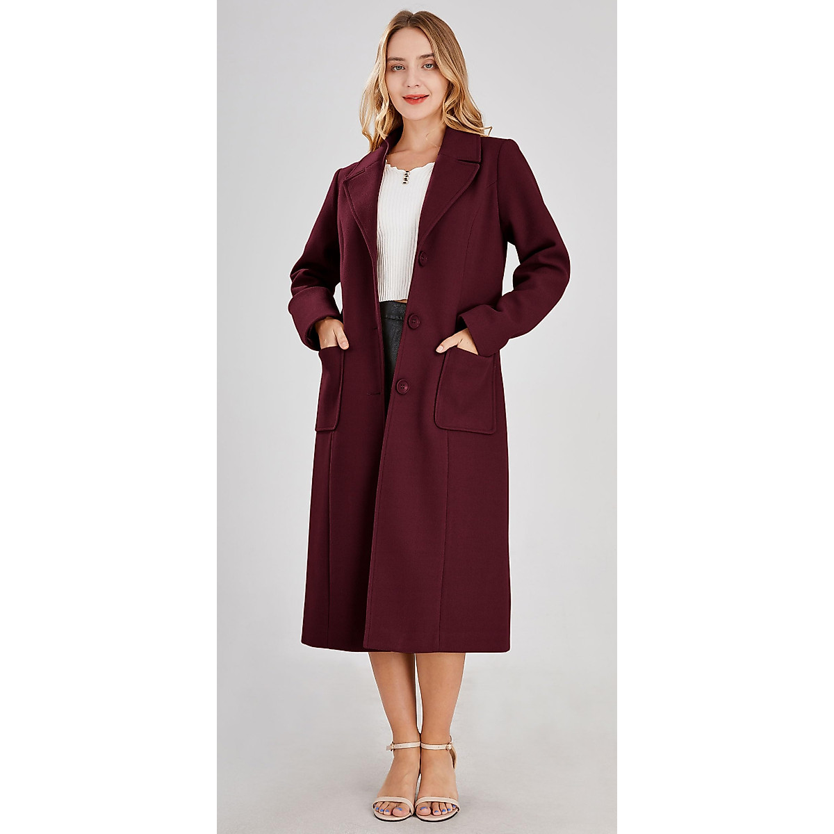 chouyatou Women's Big Notch Lapel Single Breasted Mid-Long Wool Blend Coat (Large, Wine Red)