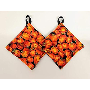 Potholder Set in a Fall Pumpkin Fabric Print by Sewuseful Studios LLC