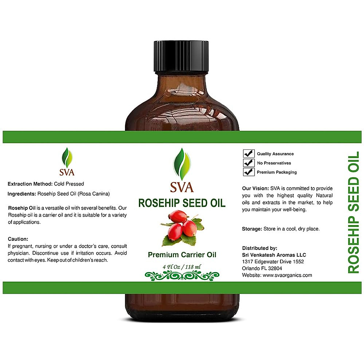 SVA Rosehip Seed Oil - 4 Fl Oz – 100% Natural Cold Pressed Rosehip Oil - for Face, Skin Care, Hair Care, Scalp Massage & Body Massage – Carrier Oil with Dropper