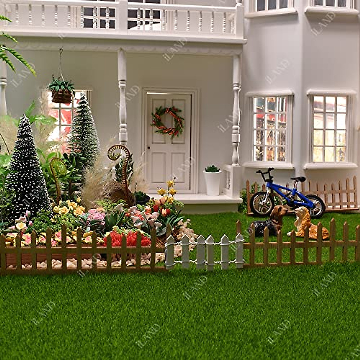 iland Fairy Garden Miniatures of Artificial Grass 4 Sheets 11.8"x 11.8" w/ 10pcs Miniature Fences & 2 Fence Doors & 1 Sign, Fake Grass for Crafts & Dollhouse Garden