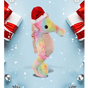 DolliBu Santa Rainbow Seahorse Stuffed Animal Plush Toy - Wild Animal Dress Up with Red Santa Claus Hat, Cute Wildlife Gift, Perfect Holiday with Name Personalization - 15 Inches