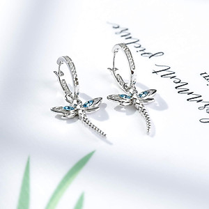 AOBOCO Dragonfly Earrings Sterling Silver Hoop Earrings with Simulated Light Sapphire Crystals from Austria, Adorable Insects in The Garden Series, Hypoallergenic Dragonfly Jewelry Gifts for Women