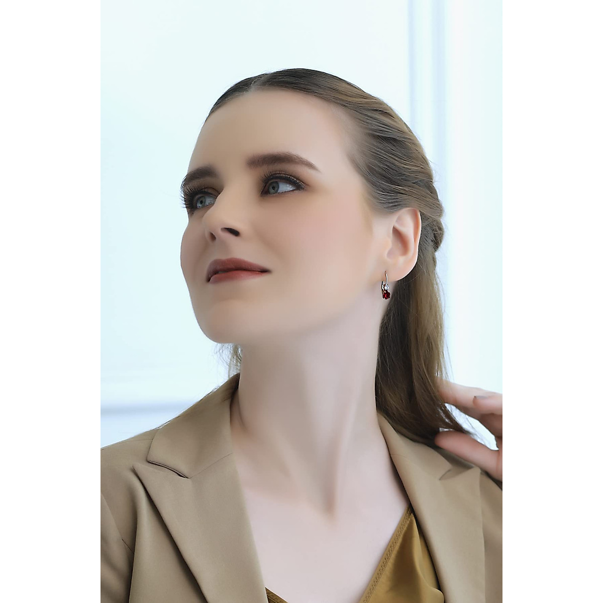 Ruby Earrings for Women Sterling Silver 7x5mm Teardrop Synthetic Rubys and CZ Dainty Leverback Red Drop Earring for Bridesmaids