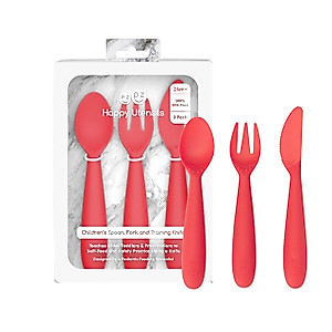 ezpz Happy Utensils - 24 Months+ (Coral) - BPA Free Toddler Utensils - Fork, Spoon and Knife for Toddlers and Preschoolers - Kids Utensils for Self-Feeding Development