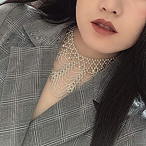 Shinywear Women Pearl Beads Necklace Decorative Gown Dress False Collar Luxury Crown Choker Dicky Neckwear Cream White