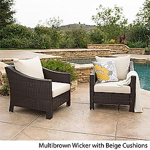Christopher Knight Home Antibes Outdoor Wicker Club Chairs with Water Resistant Fabric Cushions, 2-Pcs Set, Multibrown / Beige