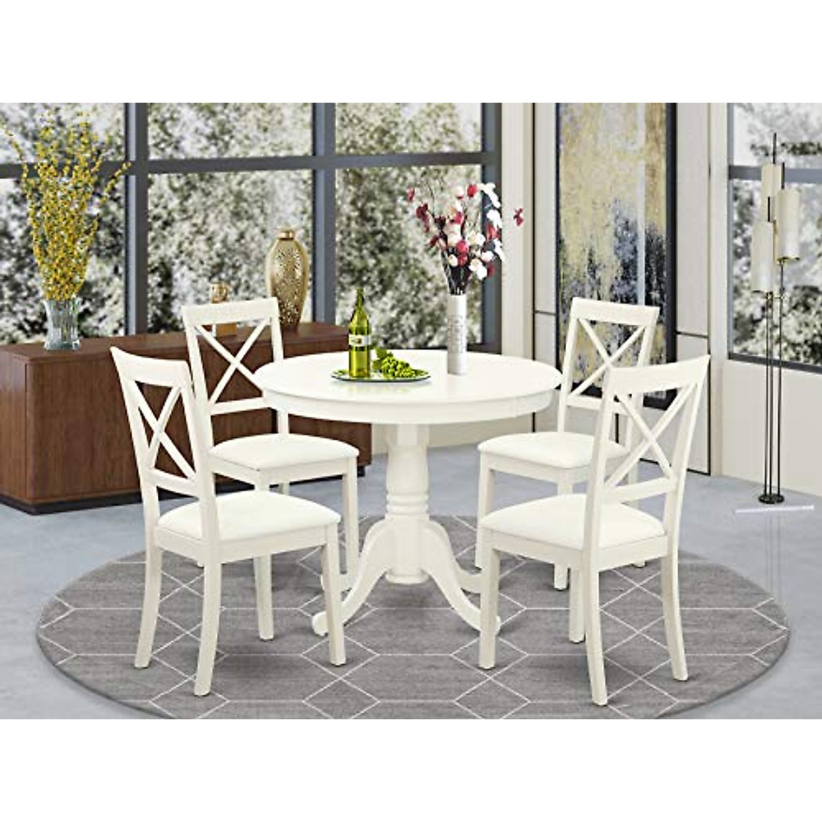 East West Furniture Antique 5 Piece Kitchen Set for 4 Includes a Round Table with Pedestal and 4 Faux Leather Dining Room Chairs, 36x36 Inch, Linen White