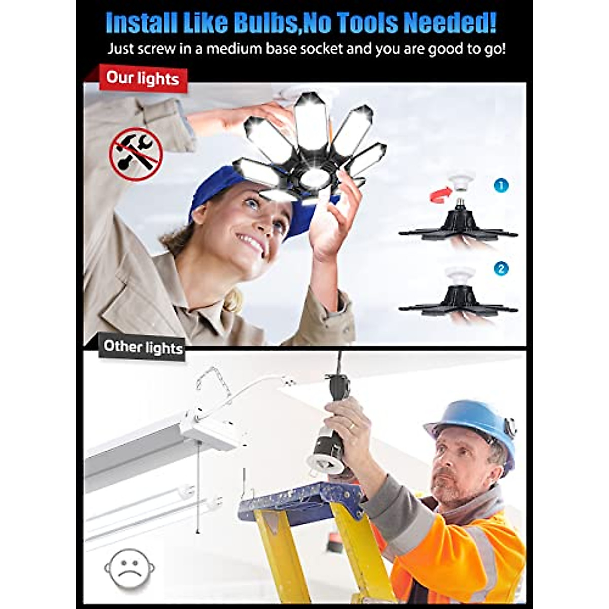 TANBABY 2 Pack Upgrade LED Garage Lights,Total 50000LM Deformable Best Garage Light Ceiling LED Shop Lights, 250W E26/E27 LED Light Garage Lighting with 8+1 Adjustable Panels Garage Bulb for Basement