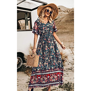 PRETTYGARDEN Women's Casual Summer Boho Floral Print Dress V Neck Short Sleeve High Waist Long Maxi Beach Dresses (Black,Medium)