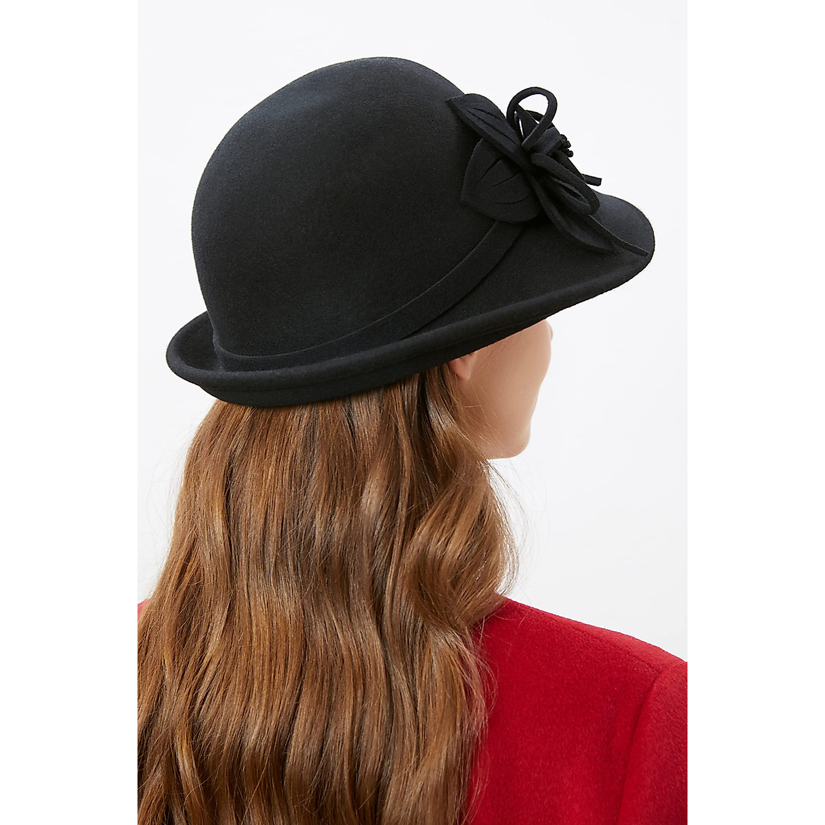 BABEYOND Womens 1920s Bucket Cloche Hat Gatsby Winter Wool Crushable Bowler Hat Vintage Cloche Round Hat with Flower Accent (Black)