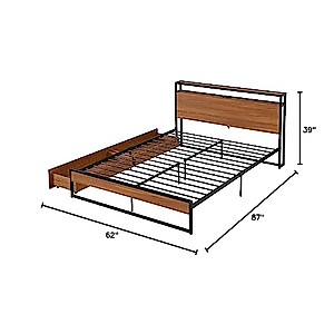 EMKK Queen Size Metal Platform Bed Frame with 2 Drawers,Sockets and USB Ports,Metal and Wood Platform Bed Frame, Wood Slat Support, No Box Spring,Easy Assembly, Black, Queen