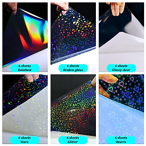 36 Sheets Holographic Sticker Paper Holographic Clear Vinyl Self Adhesive Waterproof Transparent Laminating Sheets Rainbow Overlay with A4 (11.7 x 8.3 Inch) 6 Styles Mixed