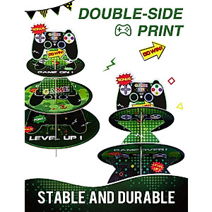WERNNSAI Video Game Cupcake Stand - 3-Tier Gaming Party Decorations for Boys Cardboard Cupcake Holder Round Serving Tray Stand Dessert Tower Video Game Theme Birthday Party Supplies
