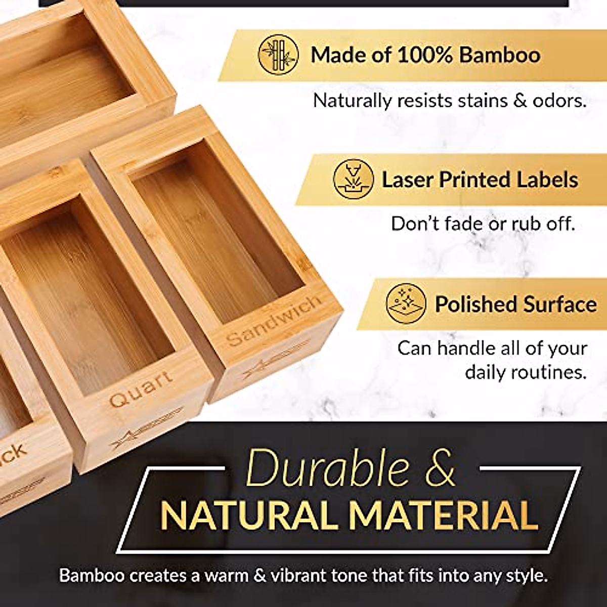 DNH Stars Bamboo Ziplock Bag Storage Organizer - 4 Box Wooden Containers for Snack, Sandwich, Quart & Gallon Size Zip Lock Bags - Fits In Kitchen Drawer, Cabinet - Ready to Use Labels & Bags