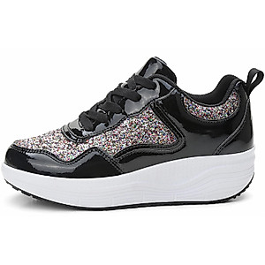 PPXID Women's Platform Sequins Fashion Sneakers Walking Shoes Lightweight Non Slip Running Shoes-Black 7.5 US Size